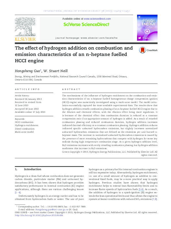 (PDF) Effect of hydrogen addition on combustion and emissions performance of a spark-ignited ...
