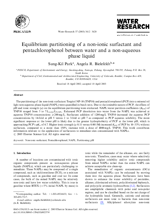(PDF) Equilibrium partitioning of a non-ionic surfactant and pentachlorophenol between water and ...