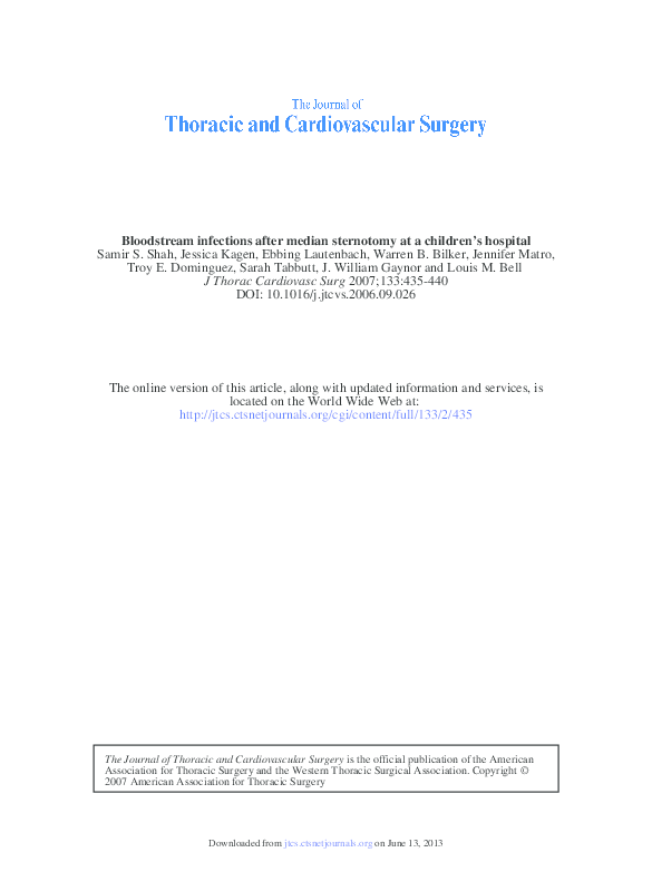 (PDF) Bloodstream infections after median sternotomy at a children’s ...