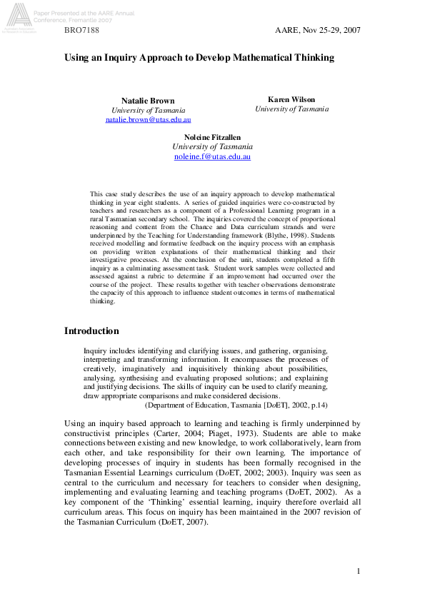 (PDF) Using an Inquiry Approach to Develop Mathematical Thinking