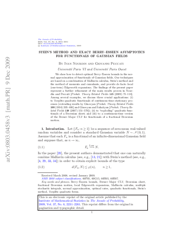 (PDF) Stein’s method and exact Berry–Esseen asymptotics for functionals of Gaussian fields ...