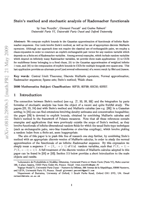 (PDF) Stein's method and stochastic analysis of Rademacher functionals
