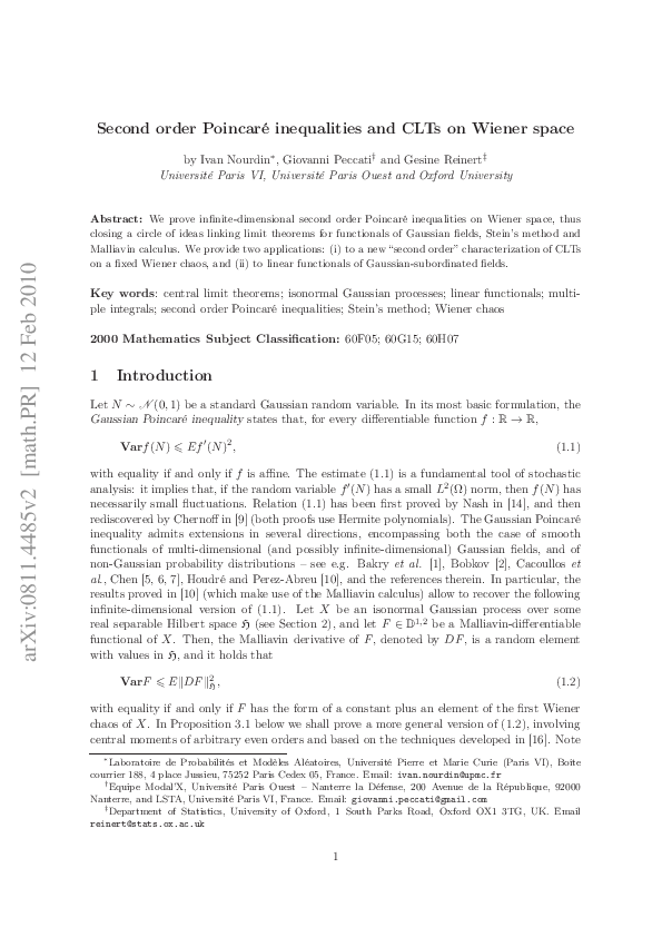 (PDF) Second order Poincaré inequalities and CLTs on Wiener space ...