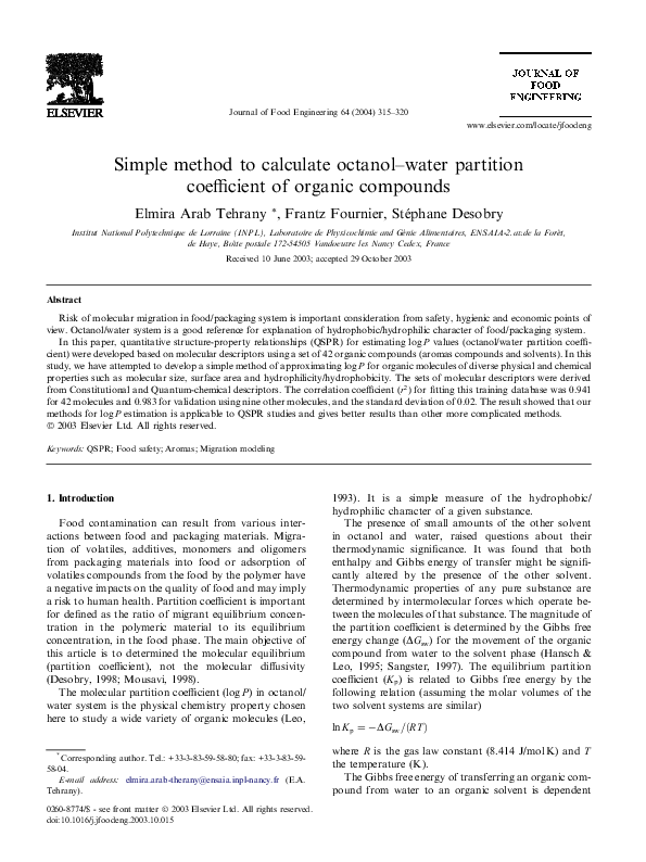 (PDF) Simple method to calculate octanol–water partition coefficient of organic compounds
