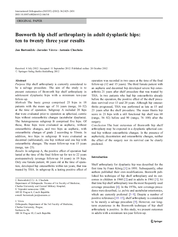 (PDF) Bosworth hip shelf arthroplasty in adult dysplastic hips: ten to ...
