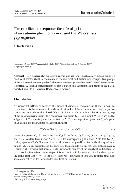 (PDF) The ramification sequence for a fixed point of an automorphism of a curve and the ...