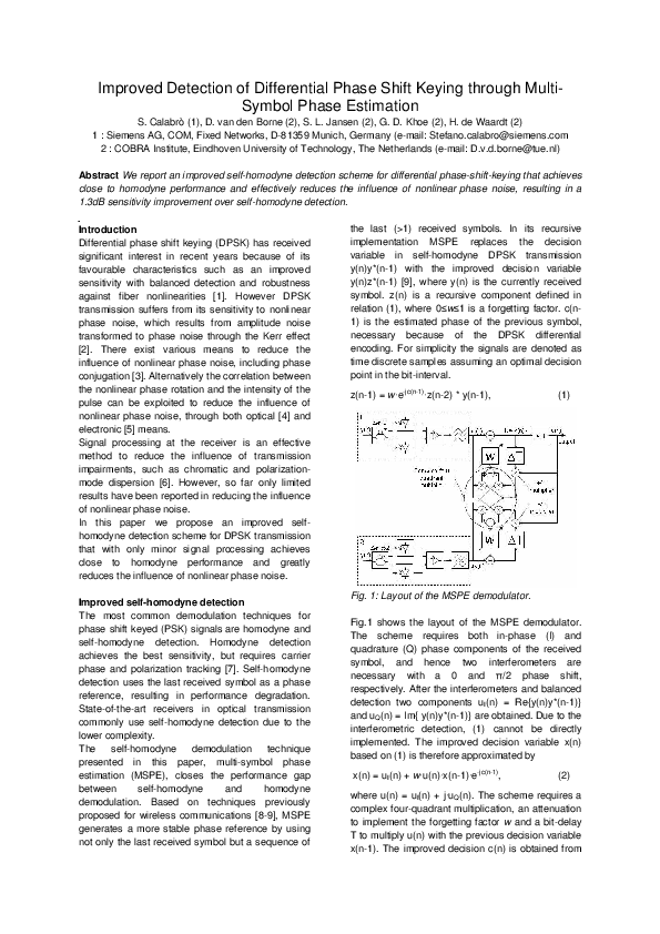 Pdf Improved Detection Of Differential Phase Shift Keying Through
