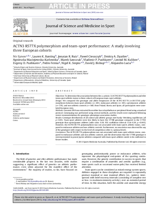 (PDF) ACTN3 R577X polymorphism and team-sport performance: A study ...