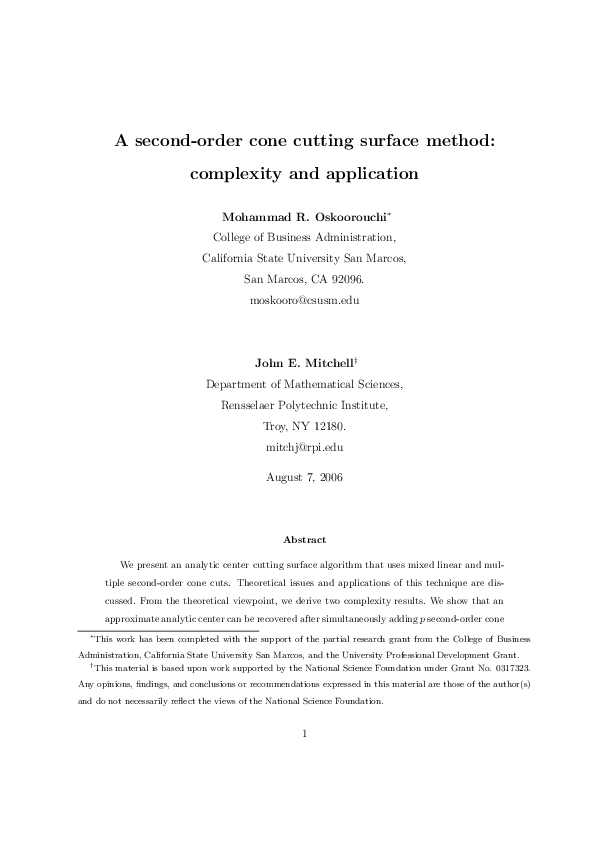 Pdf A Second Order Cone Cutting Surface Method Complexity And Application