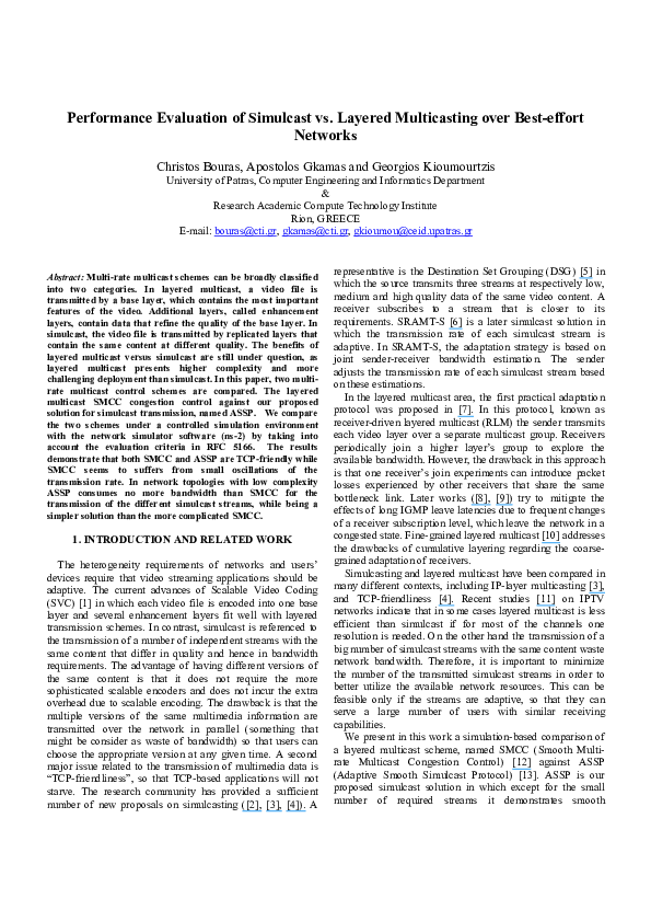 Pdf Performance Evaluation Of Simulcast Vs Layered Multicasting Over Best Effort Networks