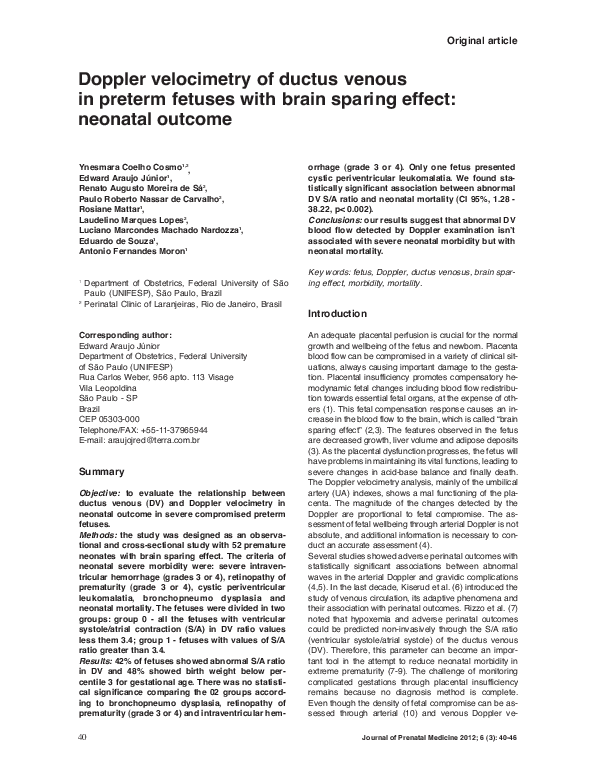 (PDF) Doppler velocimetry of ductus venous in preterm fetuses with ...