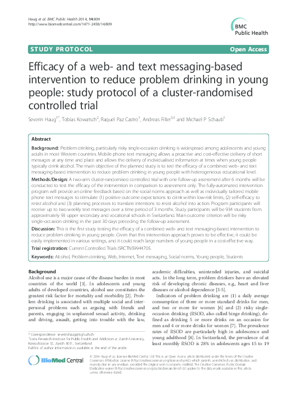 Pdf Efficacy Of A Web And Text Messaging Based Intervention To Reduce Problem Drinking In