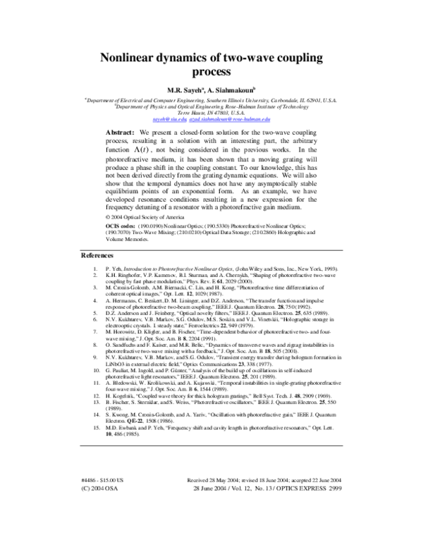 Pdf Nonlinear Dynamics Of Two Wave Coupling Process A Siahmakoun