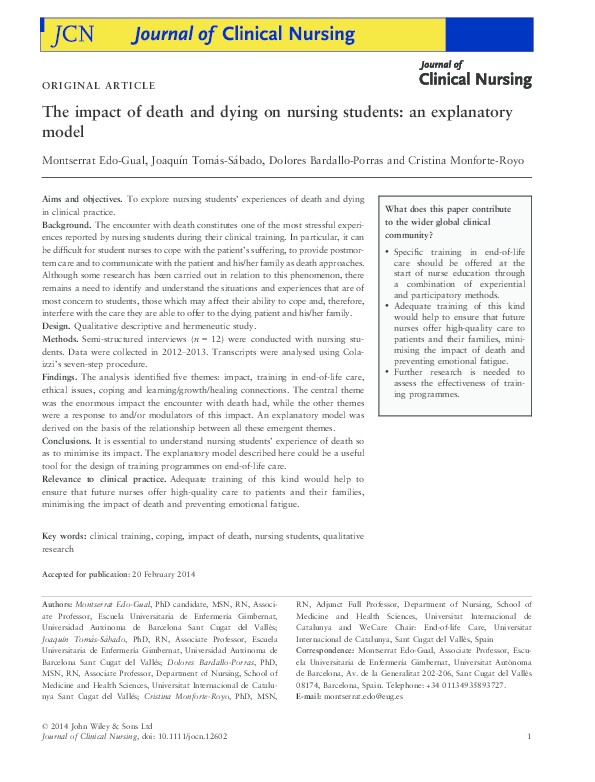 (PDF) The impact of death and dying on nursing students: an explanatory ...
