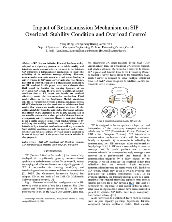 (PDF) Impact of Retransmission Mechanism on SIP Overload: Stability Condition and Overload Control