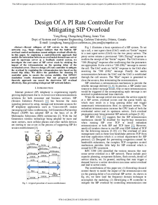 (PDF) Design Of A PI Rate Controller For Mitigating SIP Overload