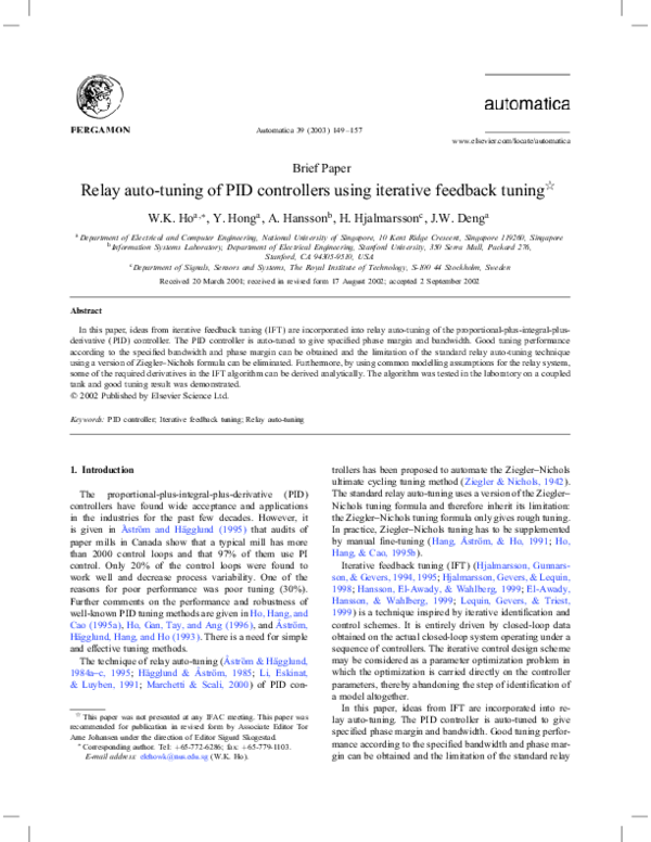 Pdf Relay Auto Tuning Of Pid Controllers Using Iterative Feedback Tuning
