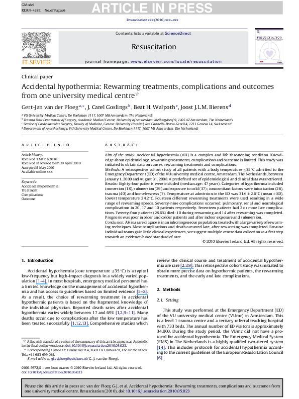 (PDF) Accidental hypothermia: rewarming treatments, complications and ...