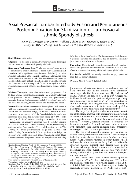 (PDF) Axial Presacral Lumbar Interbody Fusion and Percutaneous ...