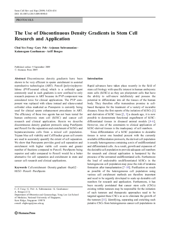 (PDF) The Use of Discontinuous Density Gradients in Stem Cell Research ...