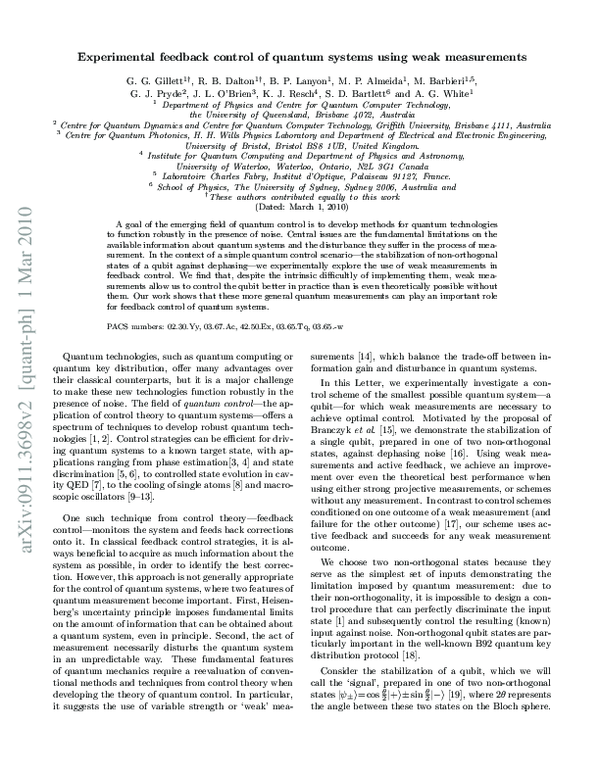 (PDF) Experimental Feedback Control of Quantum Systems Using Weak Measurements