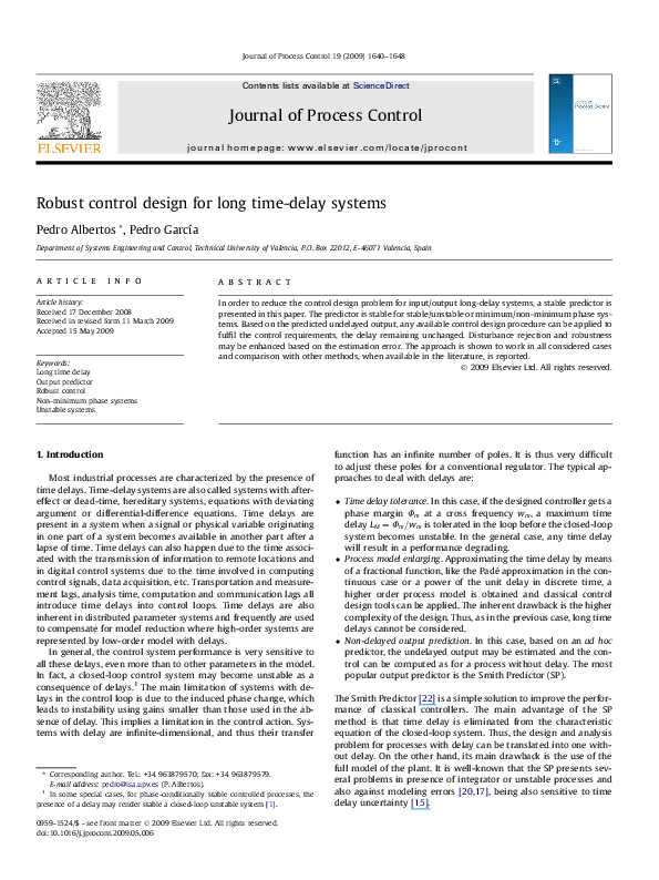 Pdf Robust Control Design For Long Time Delay Systems Pedro Albertos