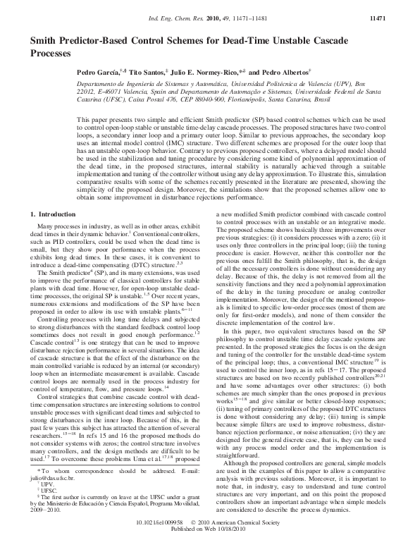 (PDF) Smith Predictor-Based Control Schemes for Dead-Time Unstable Cascade Processes