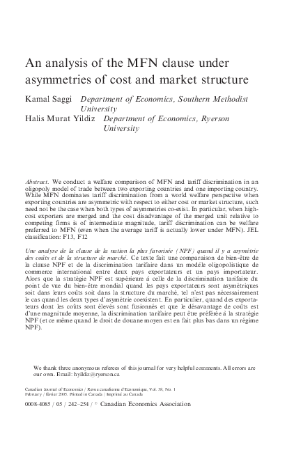 (PDF) An analysis of the MFN clause under asymmetries of cost and ...