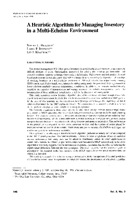 Pdf A Heuristic Algorithm For Managing Inventory In A Multi Echelon Environment