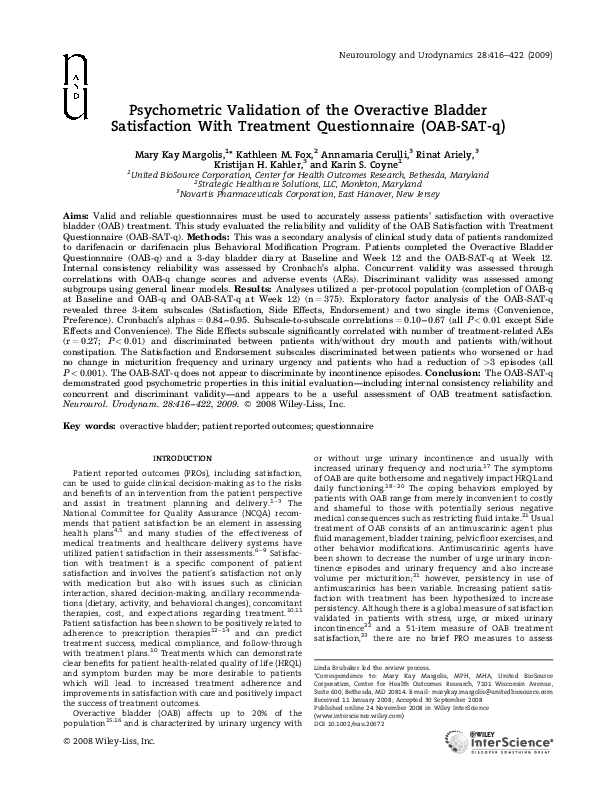 (PDF) Psychometric validation of the overactive bladder satisfaction ...