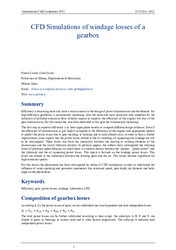 (PDF) CFD Simulations of windage losses of a gearbox