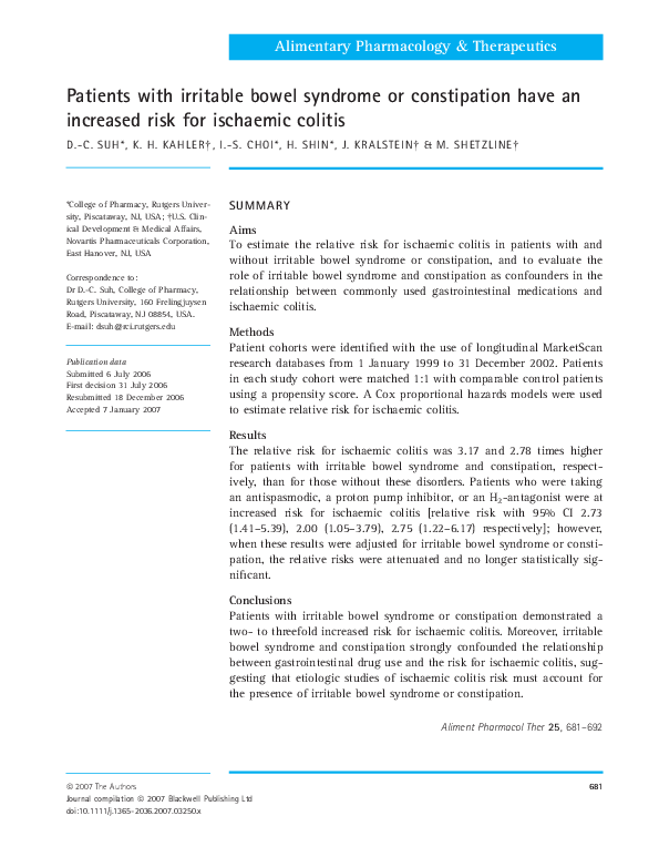 (PDF) Irritable Bowel Syndrome and Ischaemic Colitis Risk