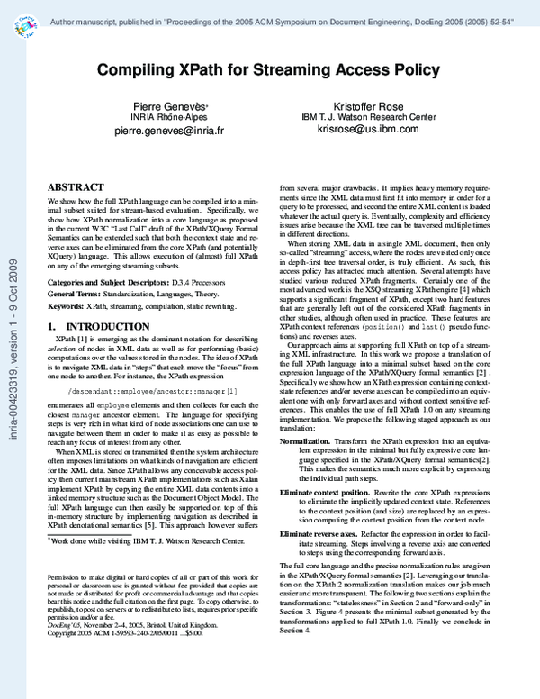 (PDF) Compiling XPath for streaming access policy | Pierre Geneves - Academia.edu