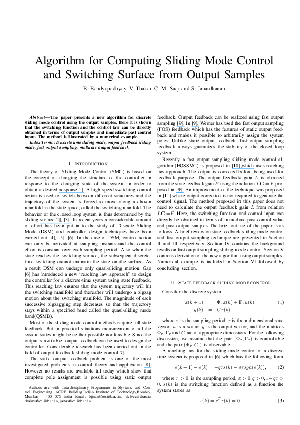 Pdf Algorithm For Computing Sliding Mode Control And Switching Surface From Output Samples