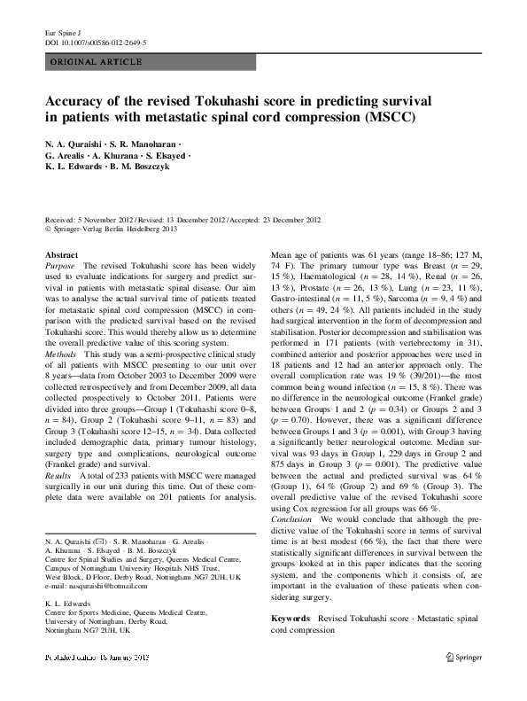 (PDF) Accuracy of the revised Tokuhashi score in predicting survival in ...