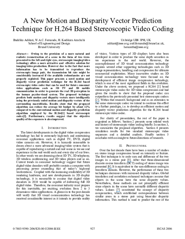 (PDF) A New Motion and Disparity Vector Prediction Technique for H.264 Based Stereoscopic Video ...