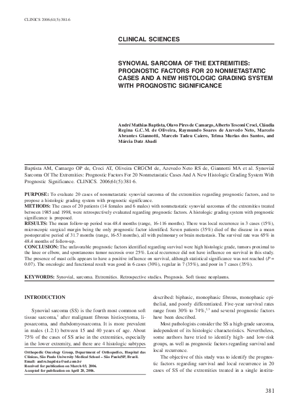 Pdf Synovial Sarcoma Of The Extremities Prognostic Factors For 20