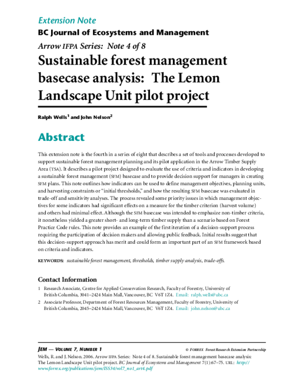 (PDF) Sustainable forest management basecase analysis: The Lemon ...