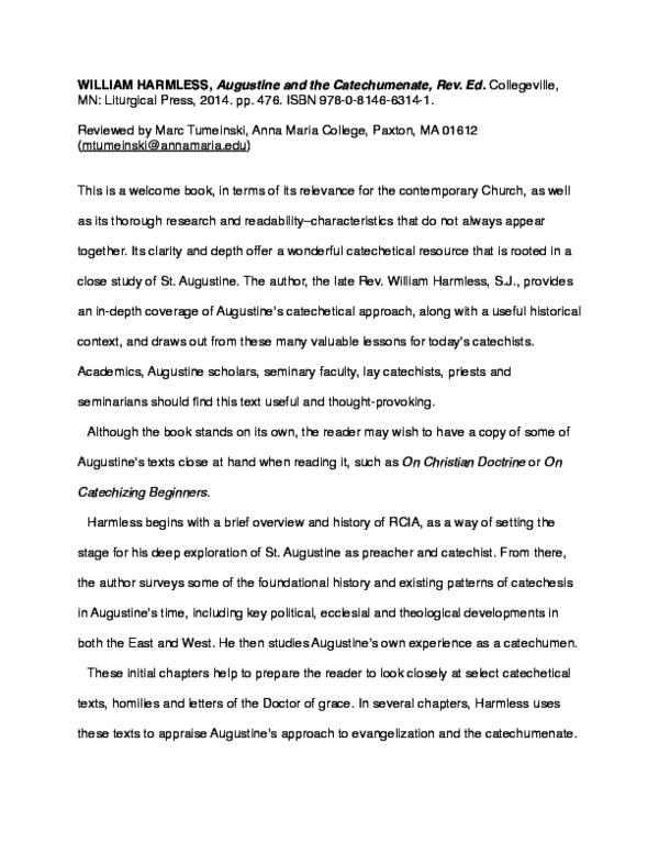 (PDF) Augustine and the Catechumenate, Rev. Ed. by William Harmless, S.J.