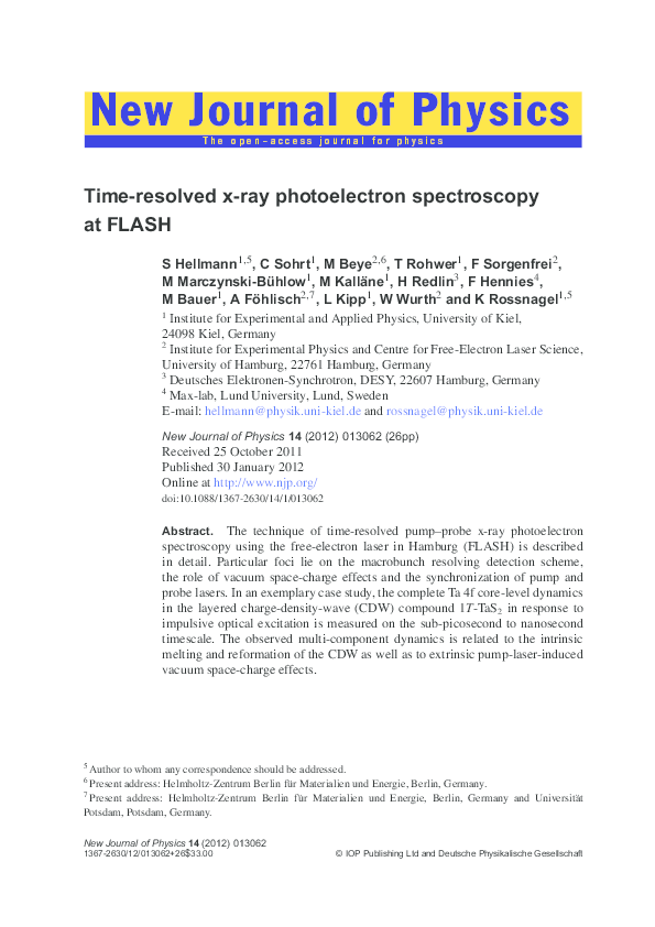 (PDF) Time-resolved x-ray photoelectron spectroscopy at FLASH