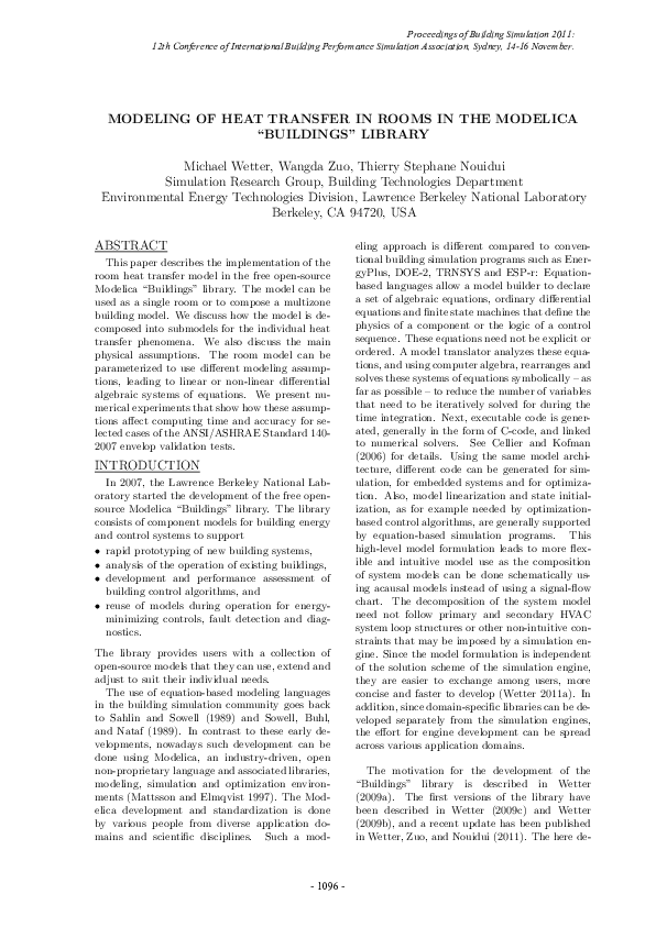 (PDF) Modeling of Heat Transfer in Rooms in the Modelica Buildings Library