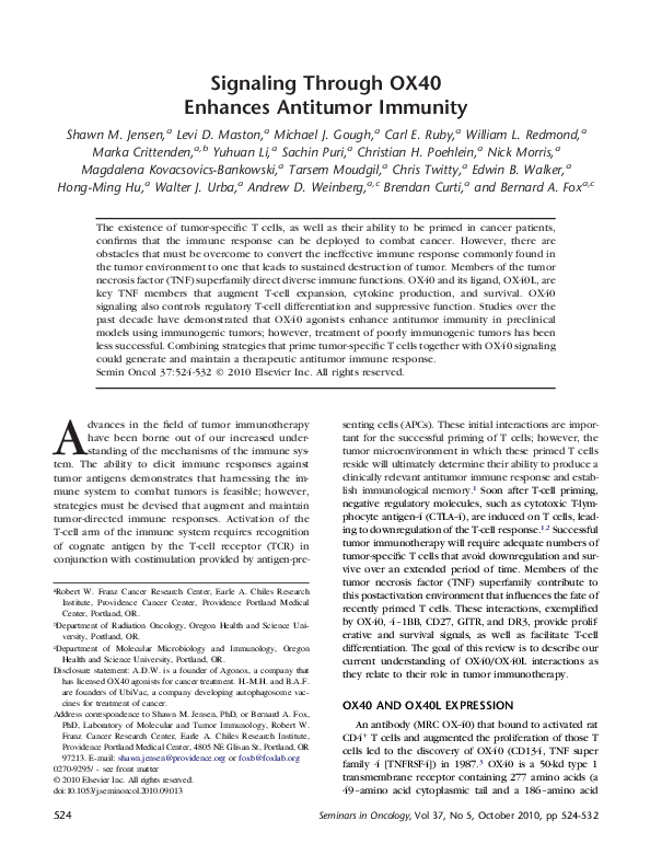 (PDF) Signaling Through OX40 Enhances Antitumor Immunity