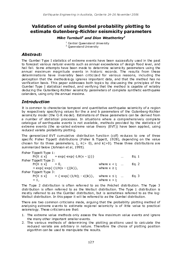 (PDF) Validation of using Gumbel probability plotting to estimate Gutenberg-Richter seismicity ...
