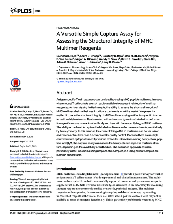 (PDF) A Versatile Simple Capture Assay for Assessing the Structural Integrity of MHC Multimer ...