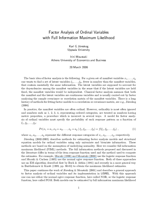 Pdf Factor Analysis Of Ordinal Variables With Full Information Maximum Likelihood