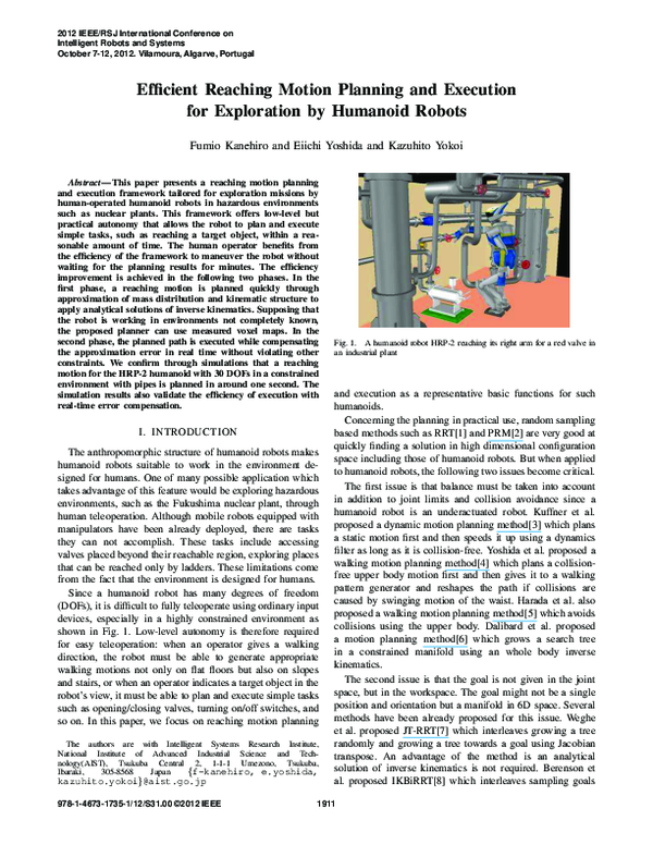 (PDF) Efficient reaching motion planning and execution for exploration by humanoid robots ...