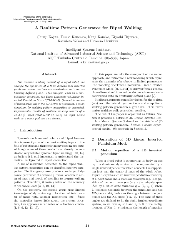(PDF) A realtime pattern generator for biped walking