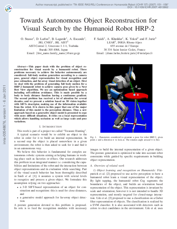 (PDF) Towards autonomous object reconstruction for visual search by the humanoid robot HRP-2