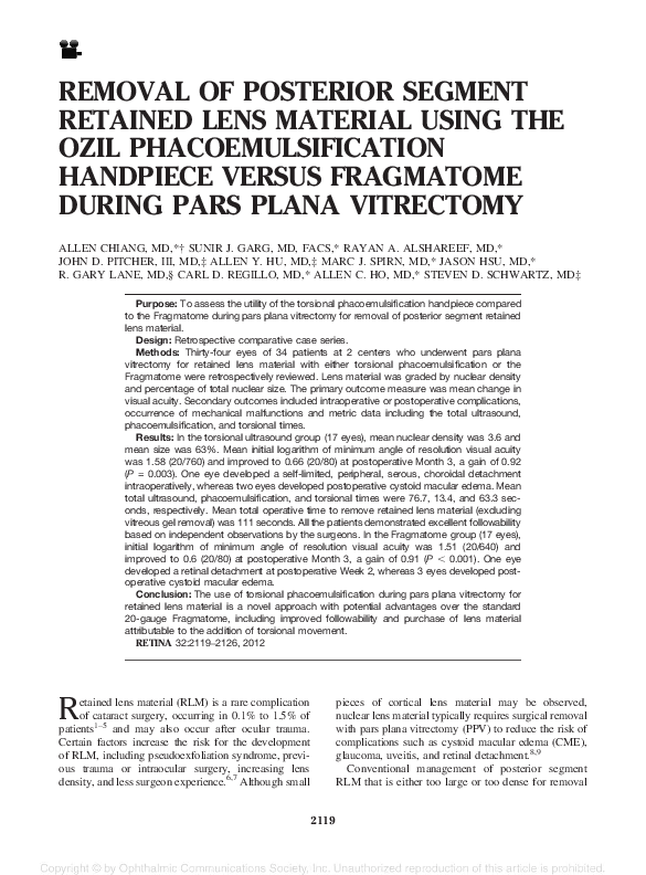(PDF) REMOVAL OF POSTERIOR SEGMENT RETAINED LENS MATERIAL USING THE ...