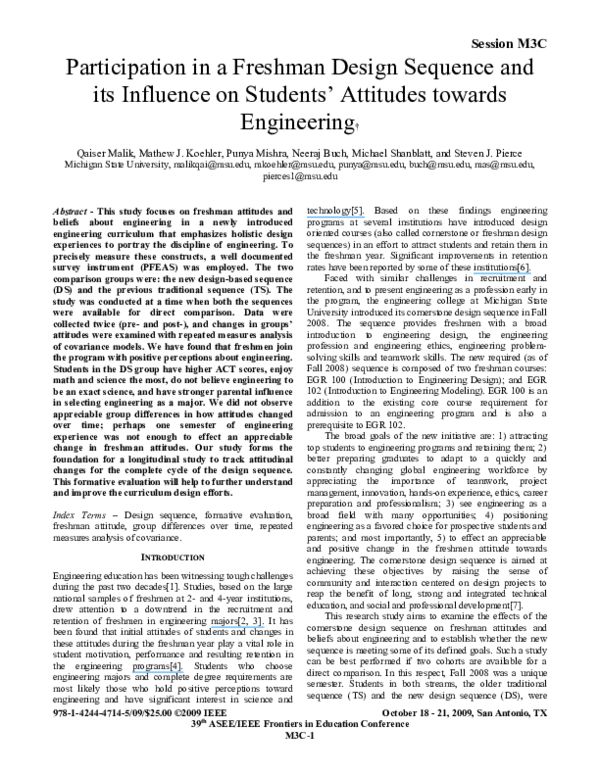 (PDF) Participation in a freshman design sequence and its influence on ...